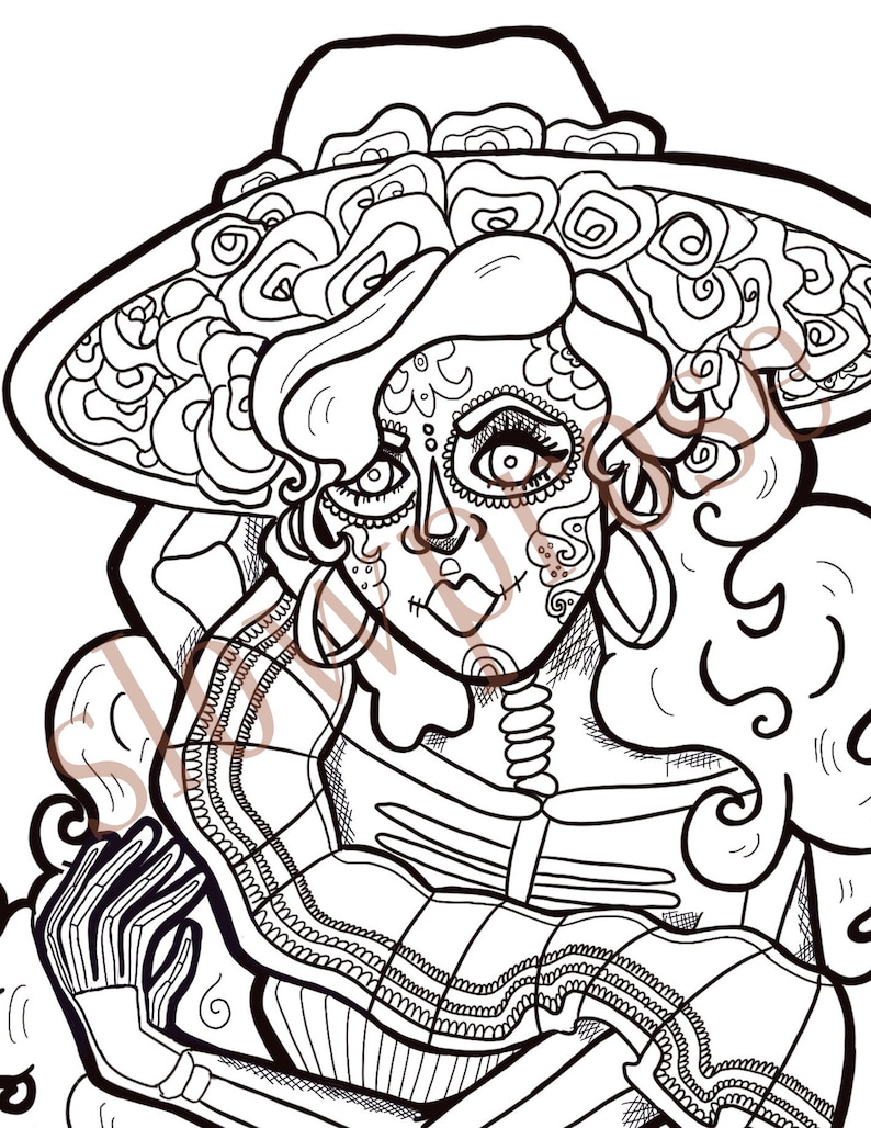 Printable Day of the Dead Woman Coloring Page for Adults | Dia De Los ...