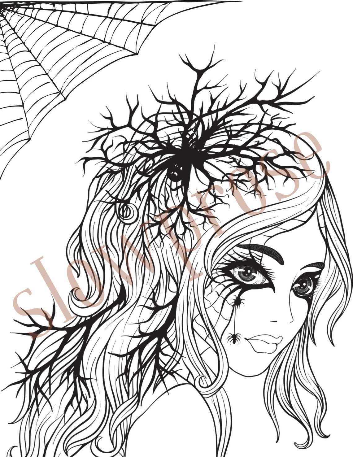 Printable Gothic Spider Sorceress Coloring Page for Adults | Fantasy ...