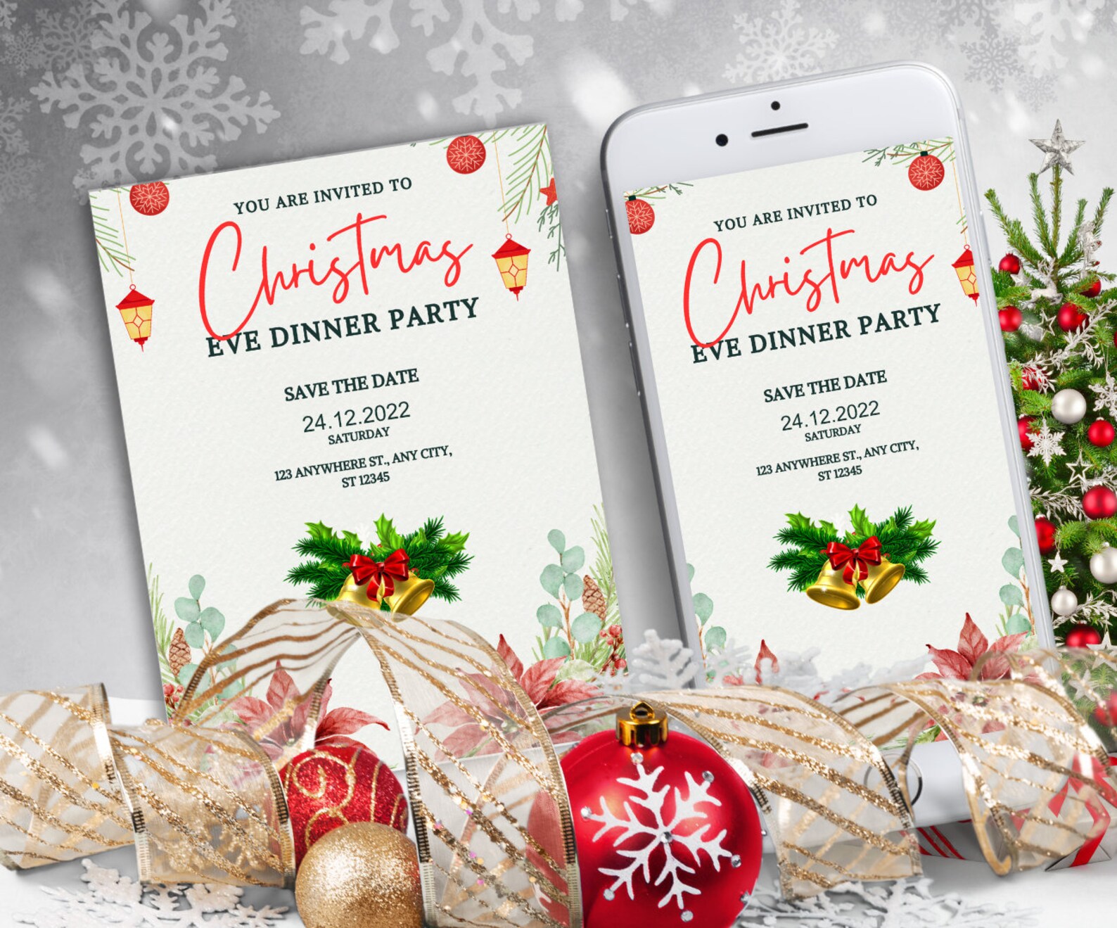 Green and Red Modern Christmas Eve Dinner Party Invitation, Christmas ...