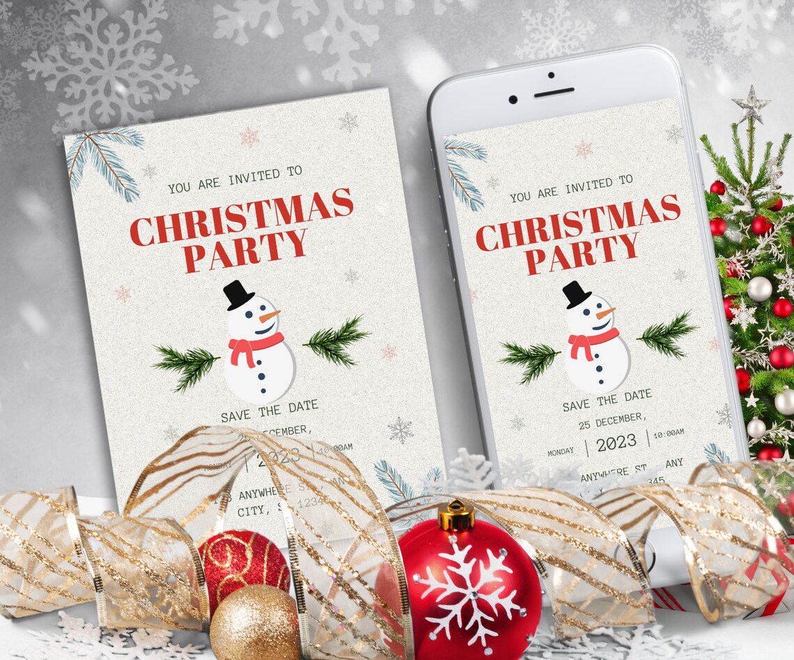 Snowman Christmas Party Invitation Portrait, Christmas Trees Holiday ...