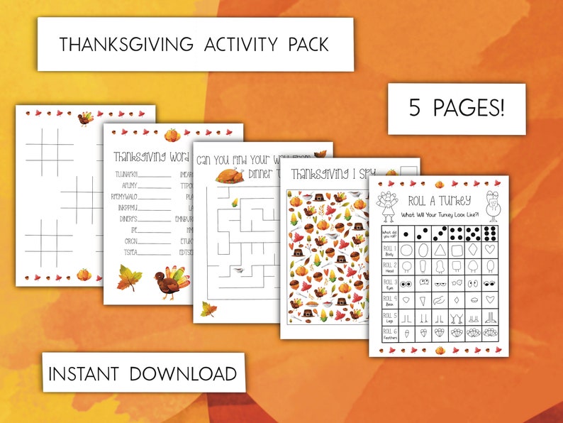 Thanksgiving Activity Pack, Printable, Instant Download, Kids Activity ...