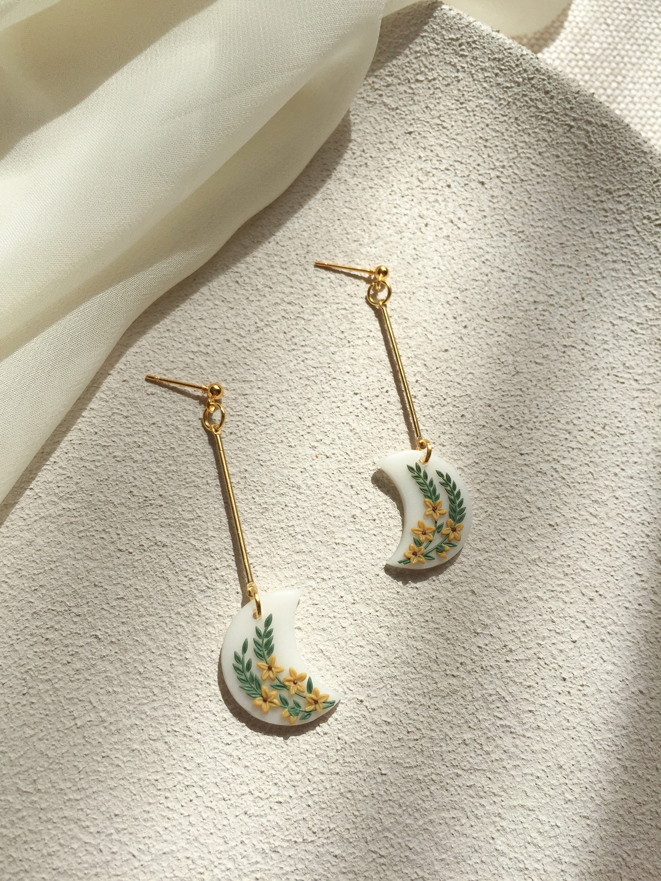 Daisy Spring Moon Earrings Polymer Clay Earrings Folk | Etsy