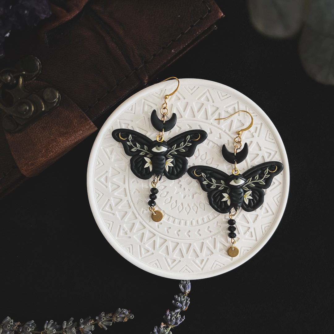 Floral Death Moth Earrings | Black Polymer Clay, Witch Jewelry - Etsy