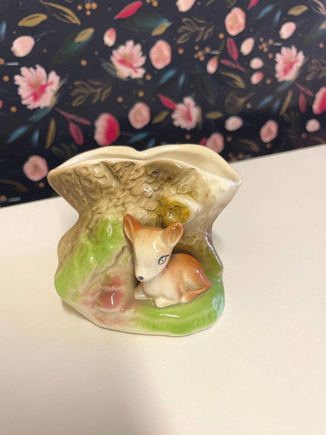 1970s Woodland Whimsy Eastgate Pottery Baby Fawn With Tree Trunk 2F55 ...