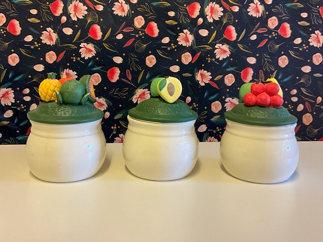 Set of Three Ceramic Retro Preserve Pots Fruit Themed Kitchenalia 2F55 ...