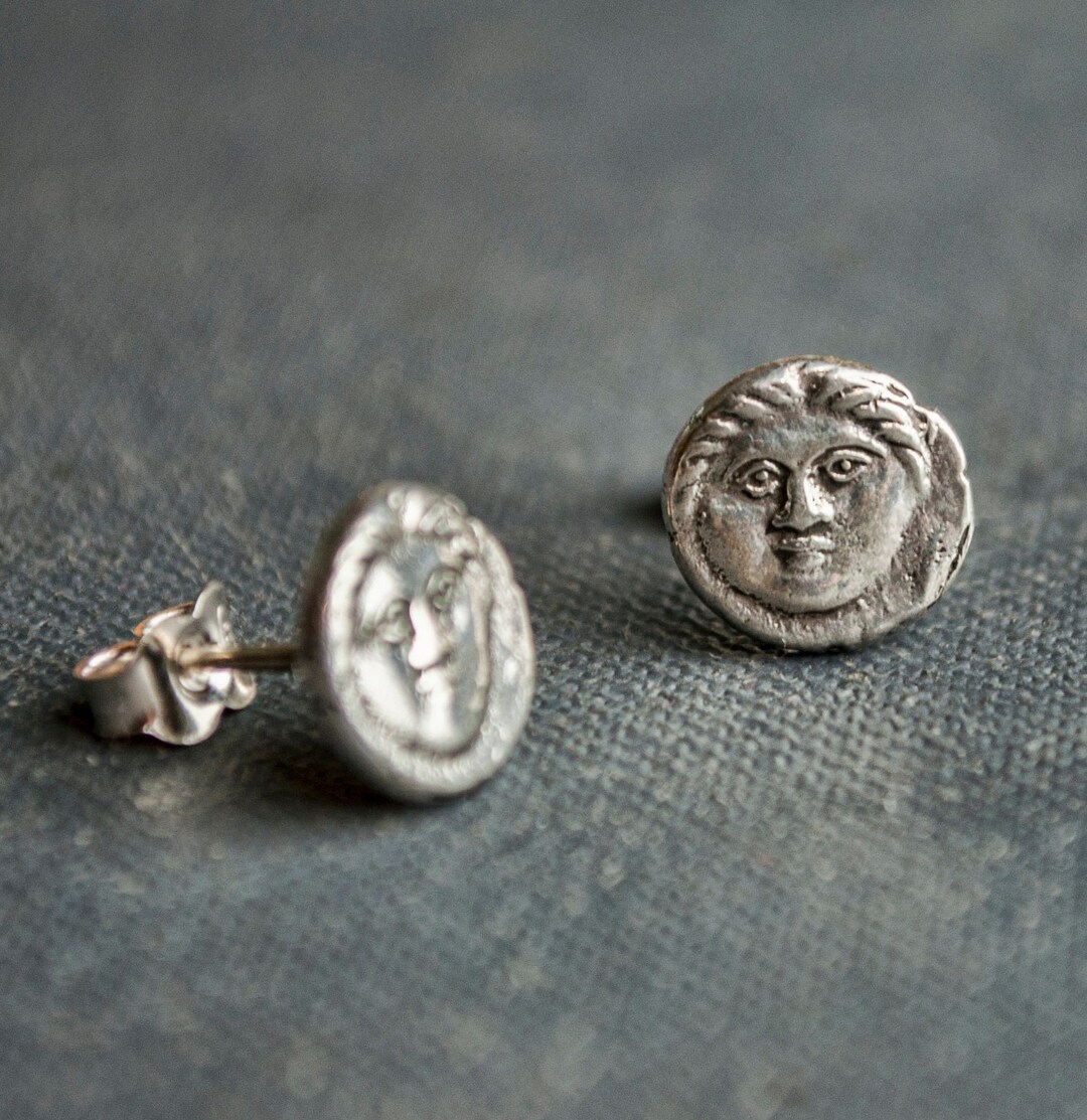 Ancient Coin Stud Earrings, Antique Greek Coin Inspired Hand Hammered ...