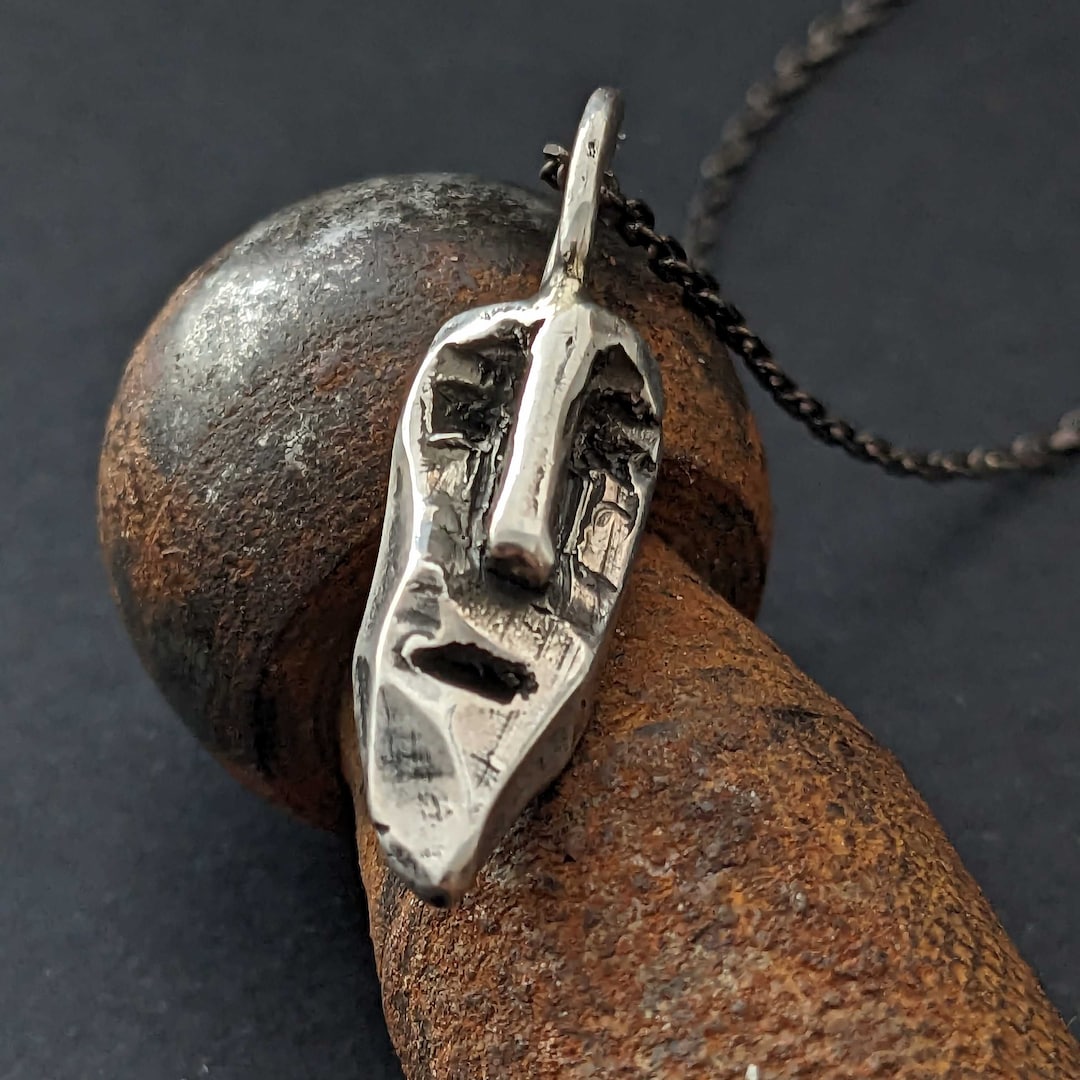 Hand Forged Sterling Silver Face Pendant Necklace: Oxidized Artistic ...