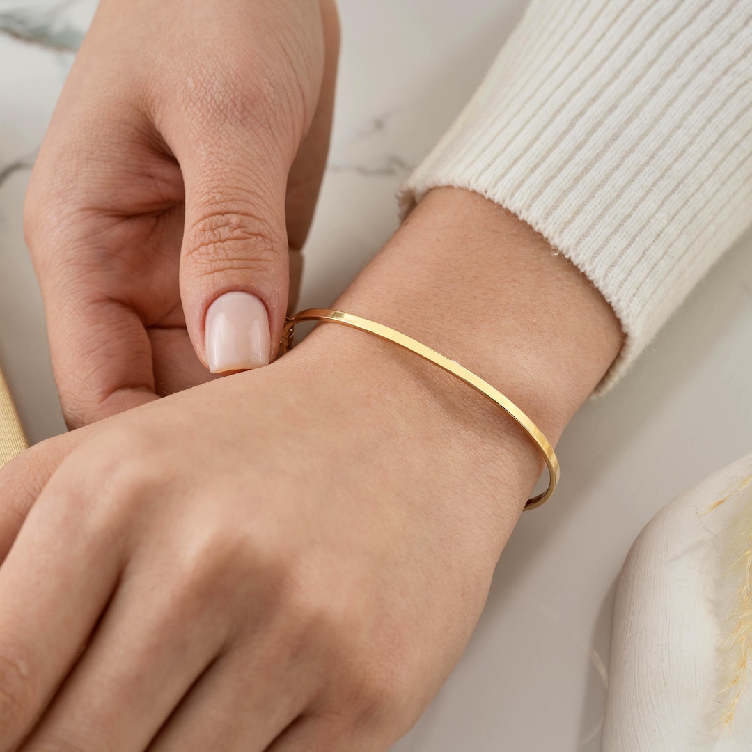 14K Solid Gold Minimal Bangle Bracelet, Thin Dainty Gold Cuff, Elegant ...