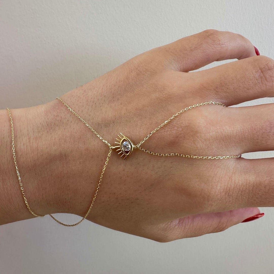 14 K Solid Gold Eye Hand Chain Bracelet – Minimalist Palm Jewelry ...
