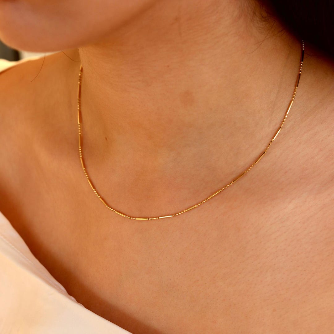 14K Solid Gold Beaded Tube Chain Necklace, Dainty Minimalist Gold ...