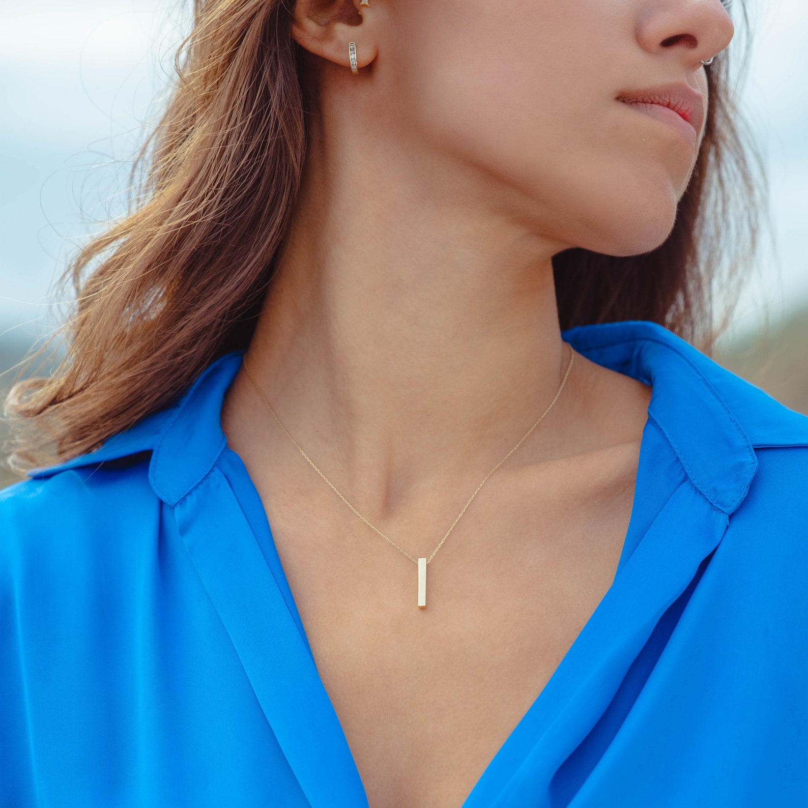 14K Real Gold Line Necklace, Gold Necklace, Line Necklace, Necklace - Etsy