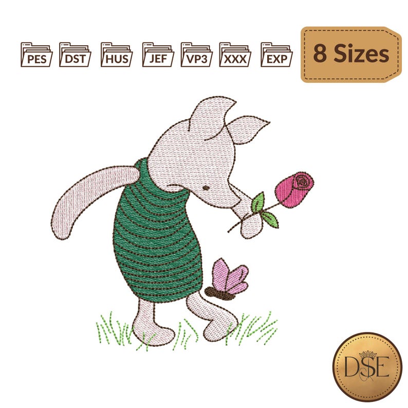 Piglet With Rose & Butterfly Embroidery Design - Etsy