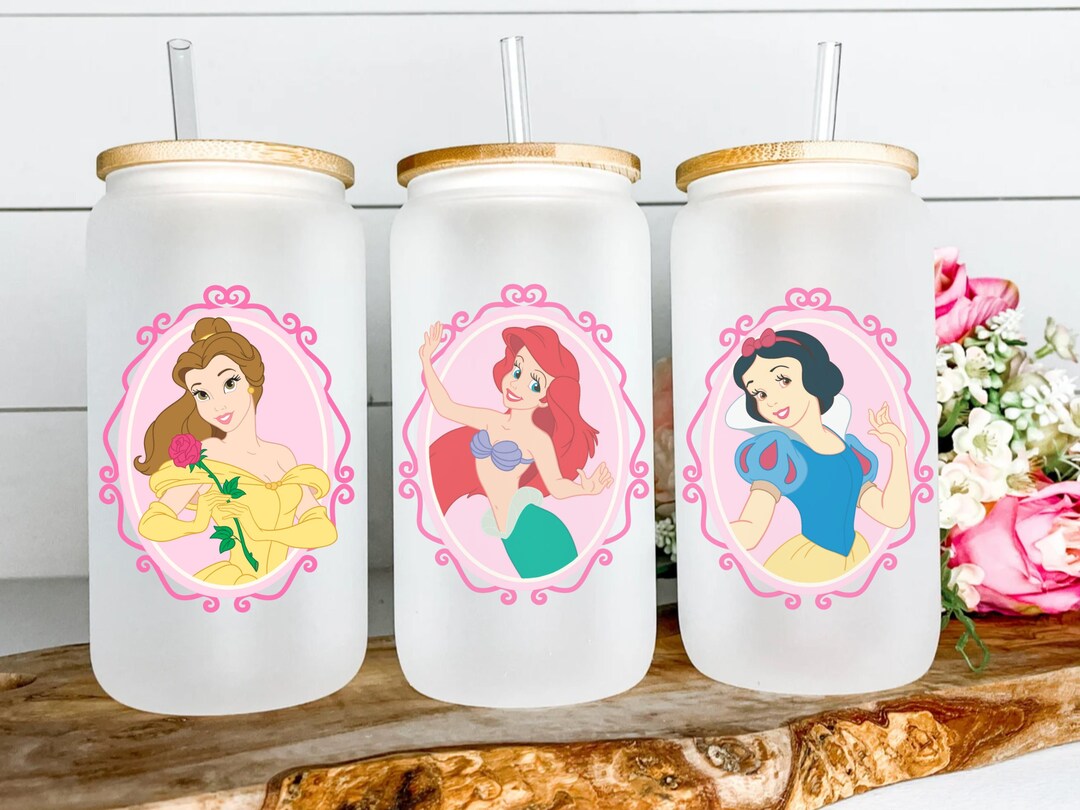 Disney Princess Glass Cup, Cinderella, Tiana, Jasmine, Belle, Snow ...