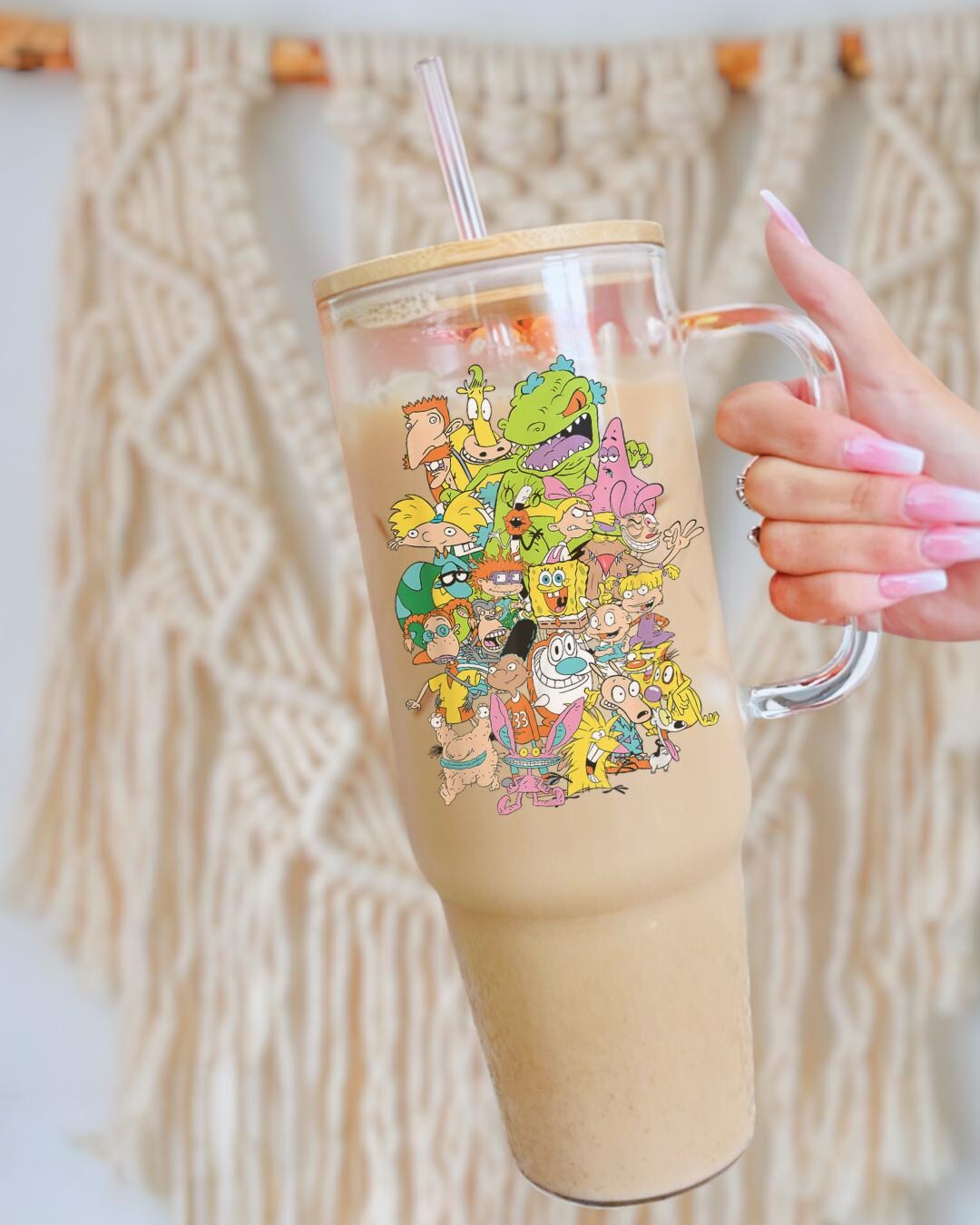 90s Cartoons Glass Cup, 40 Ounce Coffee Cup With Handle, Classic ...