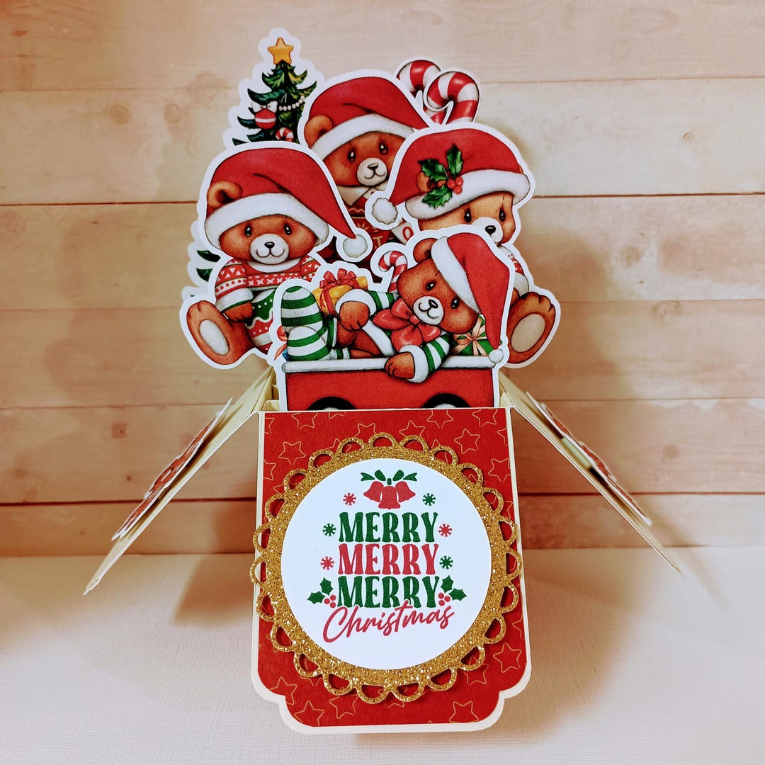 Merry Christmas Card, Happy Birthday Card, Handmade 3D Bear, Box Pop up ...