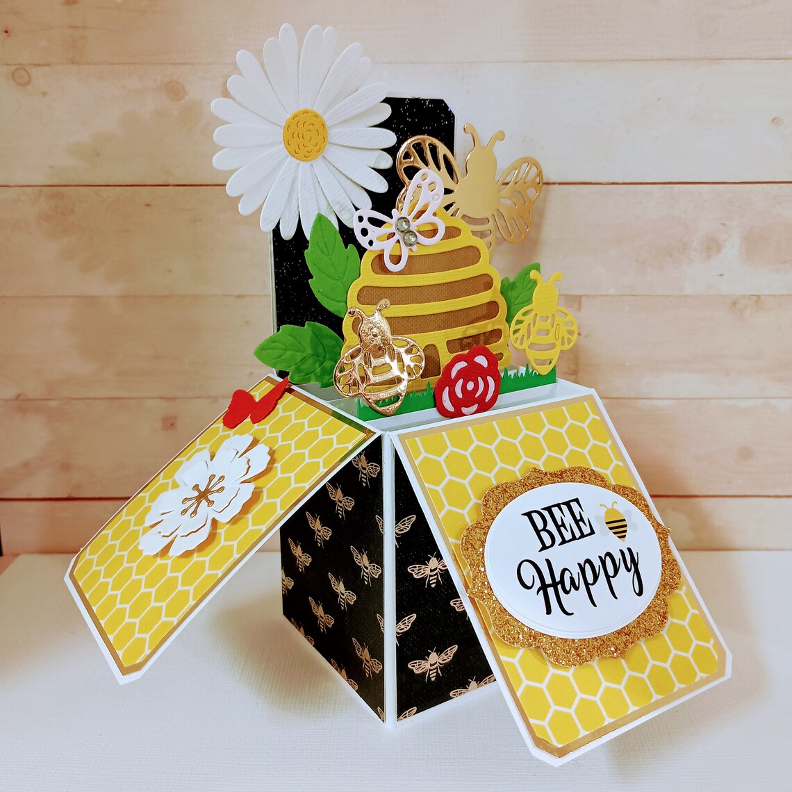 Happy Birthday Card, Bee Box Card, Handmade 3D Box Pop up Greeting Card ...
