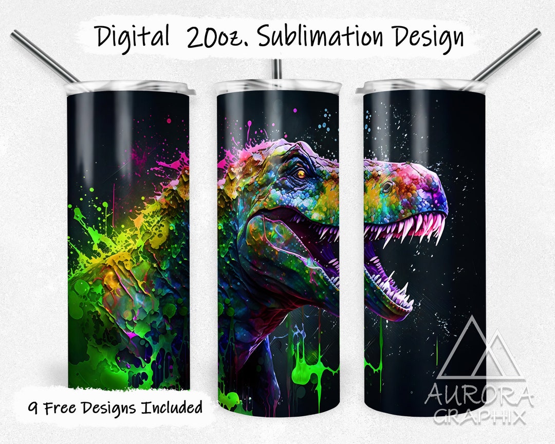 T-rex - Digital 20oz Skinny Tumbler Wrap Neon Dinosaur Tyrannosaurus ...