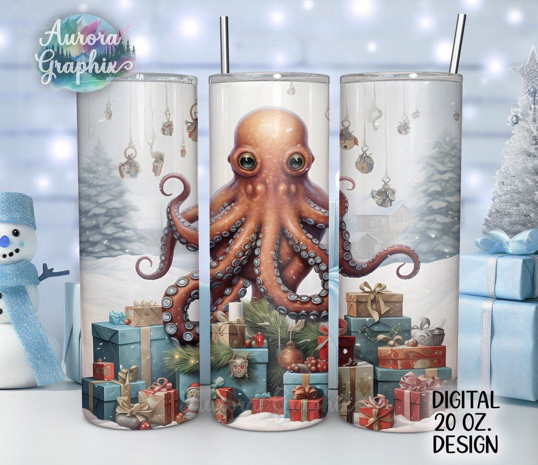 Christmas Octopus - Digital 20oz Skinny Tumbler Wrap Funny Holiday Gift ...