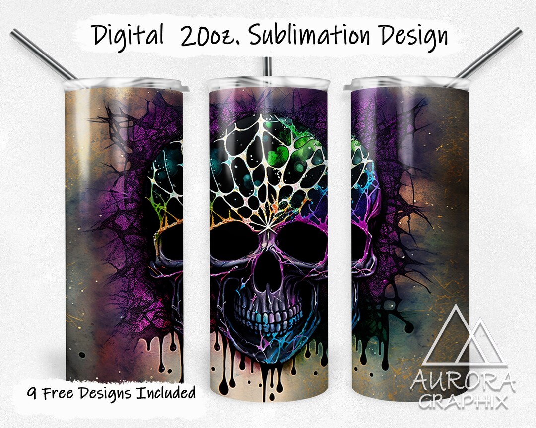 Colorful Skull Digital 20oz Skinny Tumbler Wrap Emo Goth Horror Neon ...