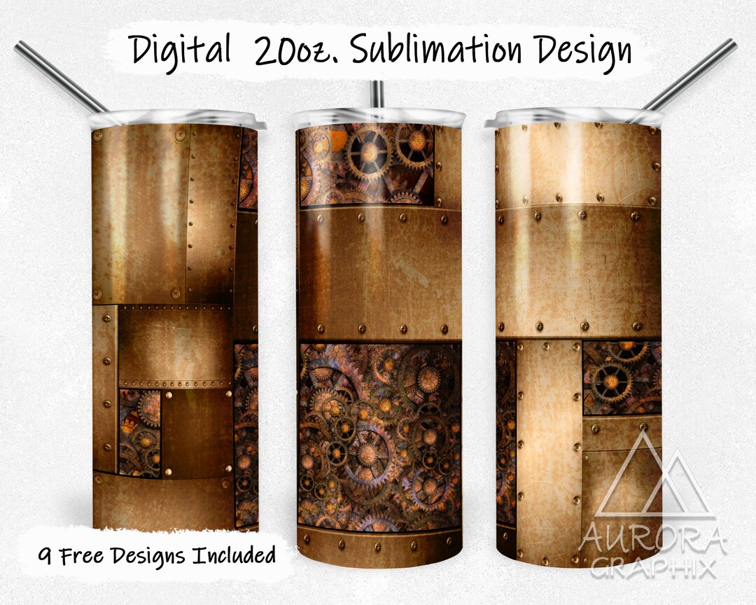 Steampunk Gears - Digital 20oz Skinny Tumbler Wrap Metal Patch Work ...