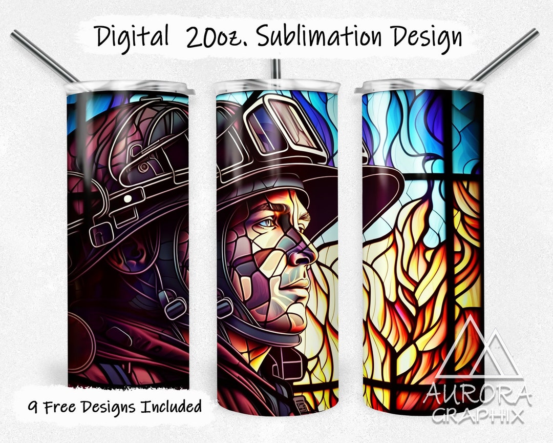 Stained Glass Fireman - Digital 20oz Skinny Tumbler Wrap Fire Fighter ...