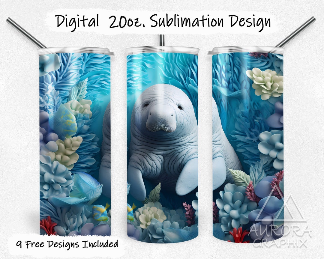 3D Manatee - Digital 20oz Skinny Tumbler Wrap Ocean Animals Sea Cow 3 ...