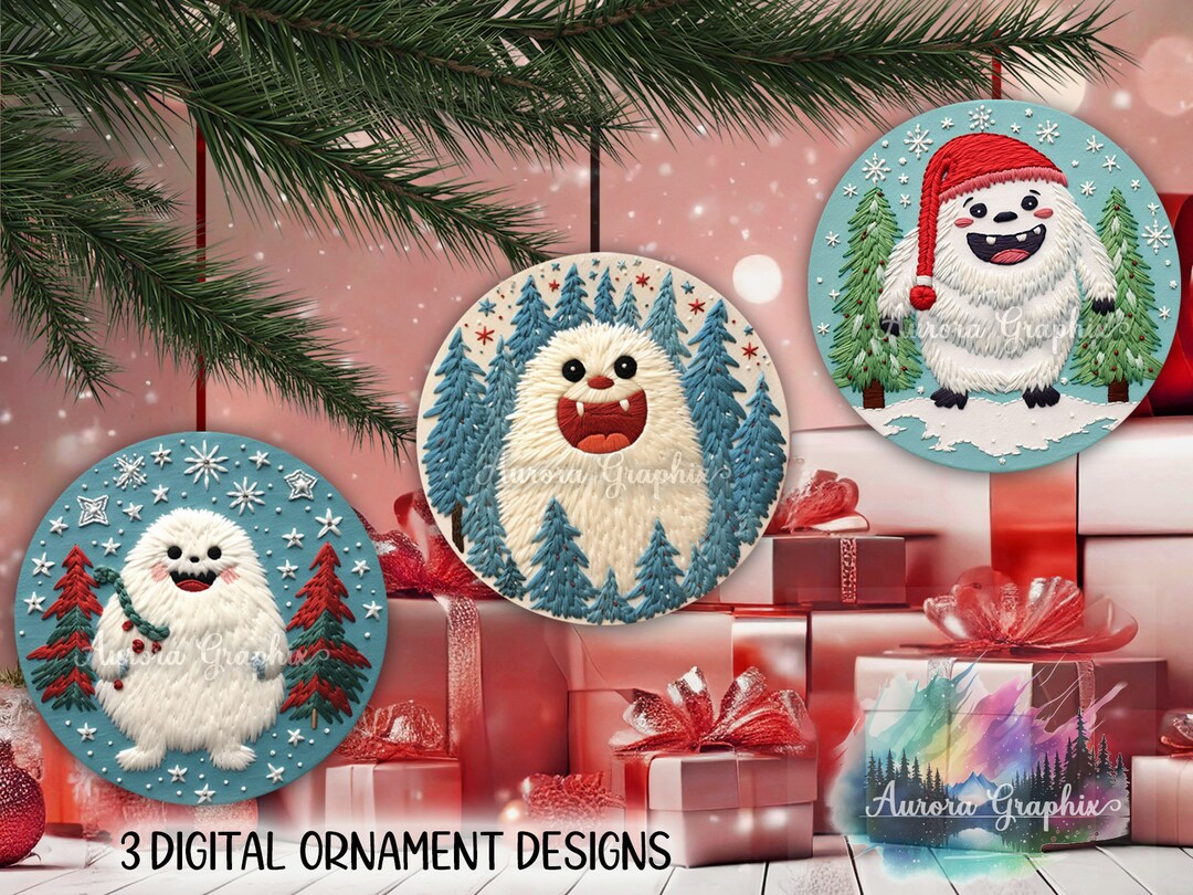 Cute Yeti Monsters -digital Round Ornament Set Holiday Christmas ...