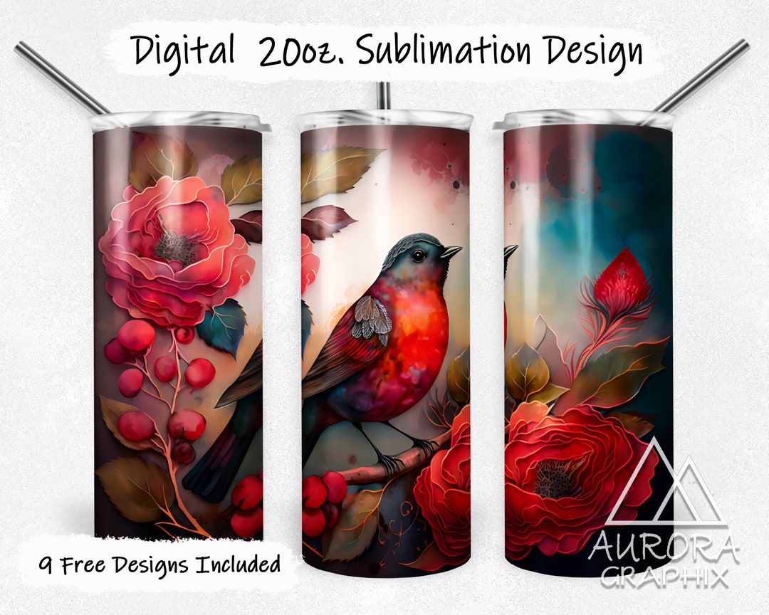 Red Robin - Digital 20oz Skinny Tumbler Wrap Birds Flowers Floral ...