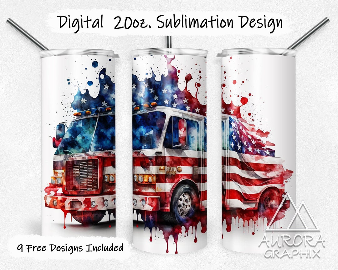 Fire Truck - Digital 20oz Skinny Tumbler Wrap Fireman Fighter EMT ...