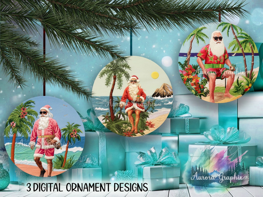Surfin' Santa -digital Round Ornaments Set Tropical Christmas in July ...
