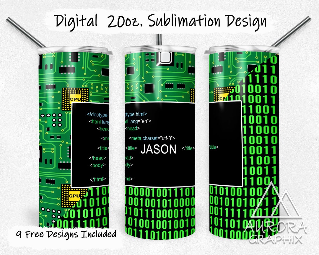 Coding - Digital 20oz Skinny Tumbler Wrap Computer Gamer CPU Board ...