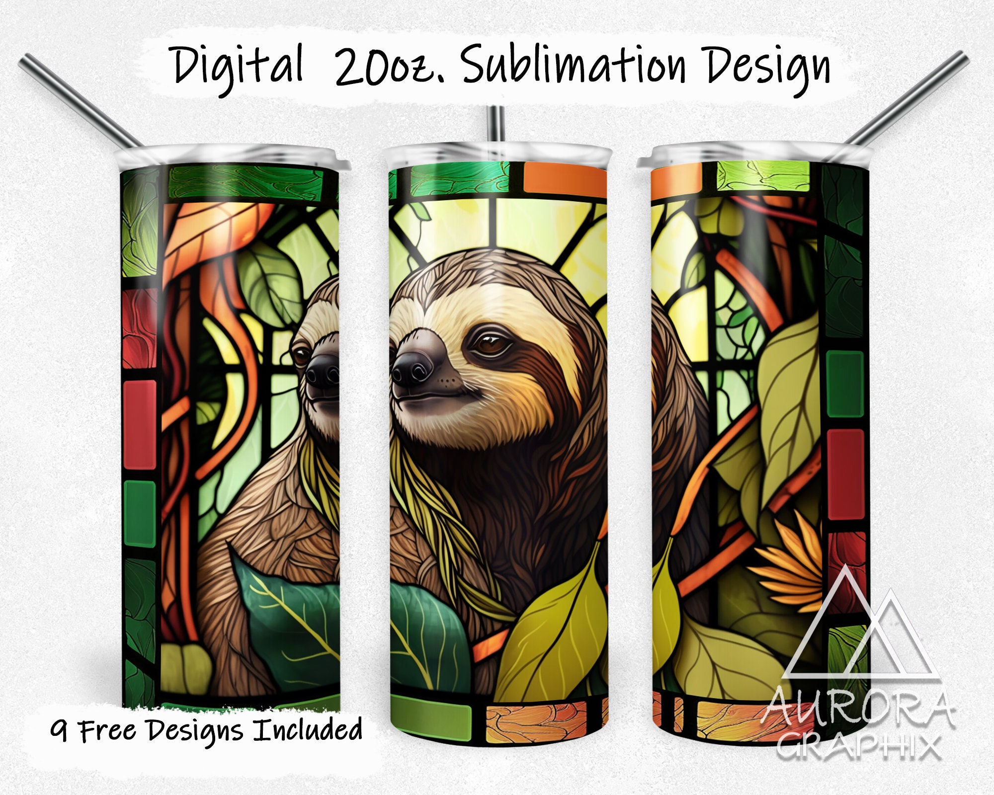 Sloth - Digital 20oz Skinny Stained Glass Tumbler Wrap Tropical Jungle ...
