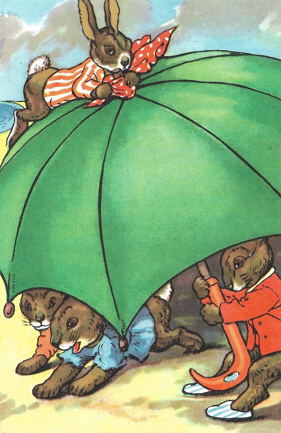 Lithographs Prints Hare countryside A Rabbit The Green Umbrella picnic ...