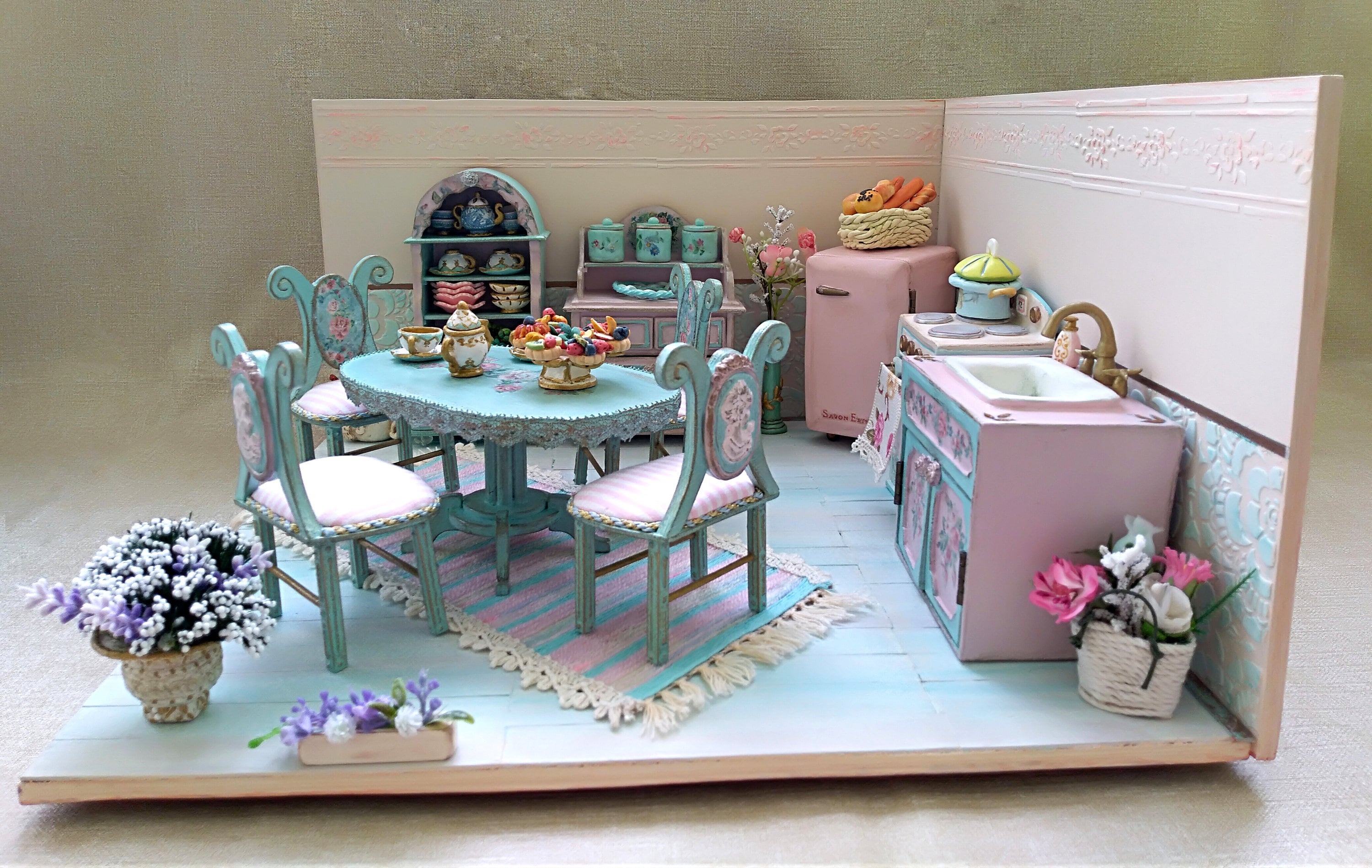 Miniature Dollhouse Kitchen Handmade Miniature Furniture Furnished Doll ...