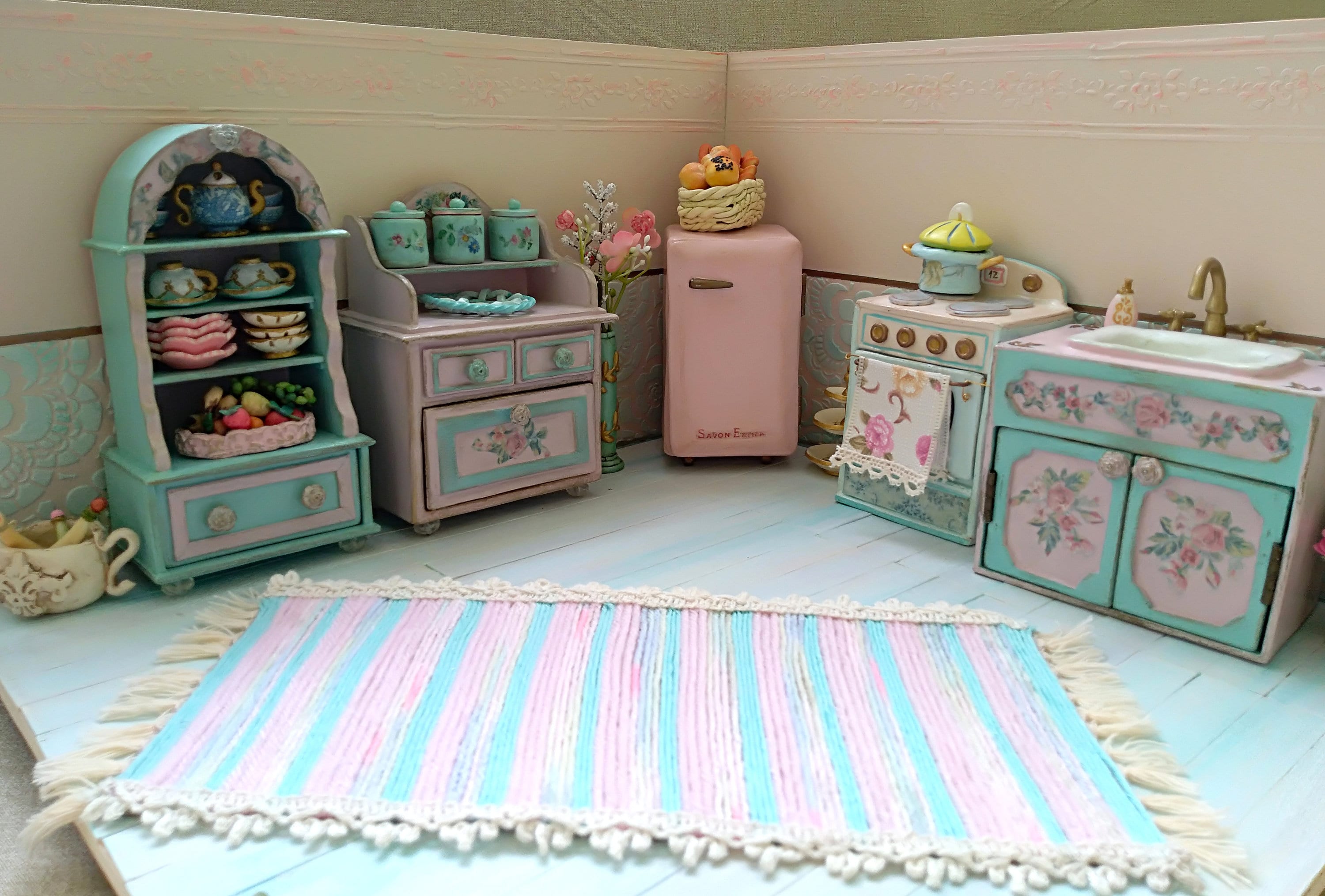 Miniature Dollhouse Kitchen Handmade Miniature Furniture Furnished Doll ...