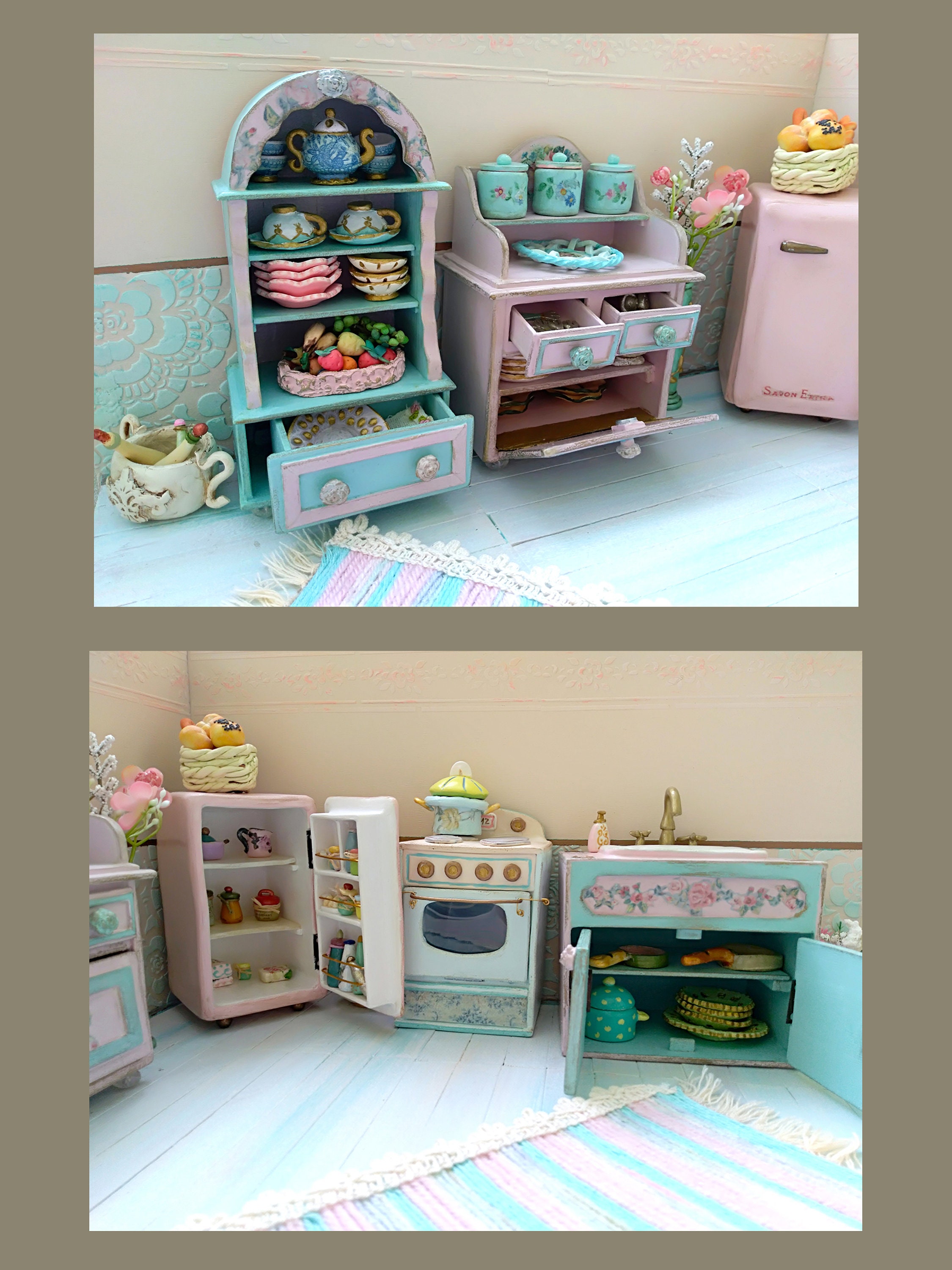 Miniature Dollhouse Kitchen Handmade Miniature Furniture Furnished Doll ...