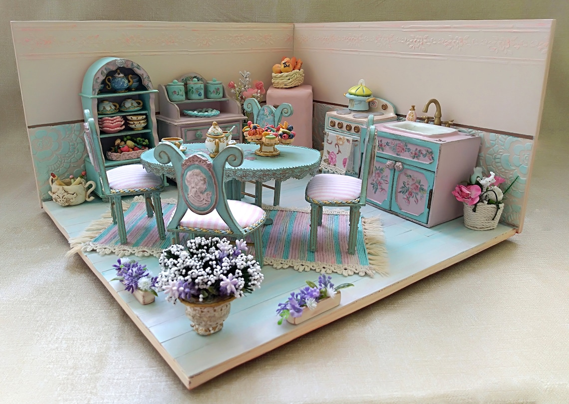 Miniature Dollhouse Kitchen Handmade Miniature Furniture Furnished Doll ...
