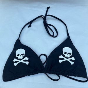 White Skulls Black Bikini Halter Tie String Grunge Swimsuit - Etsy