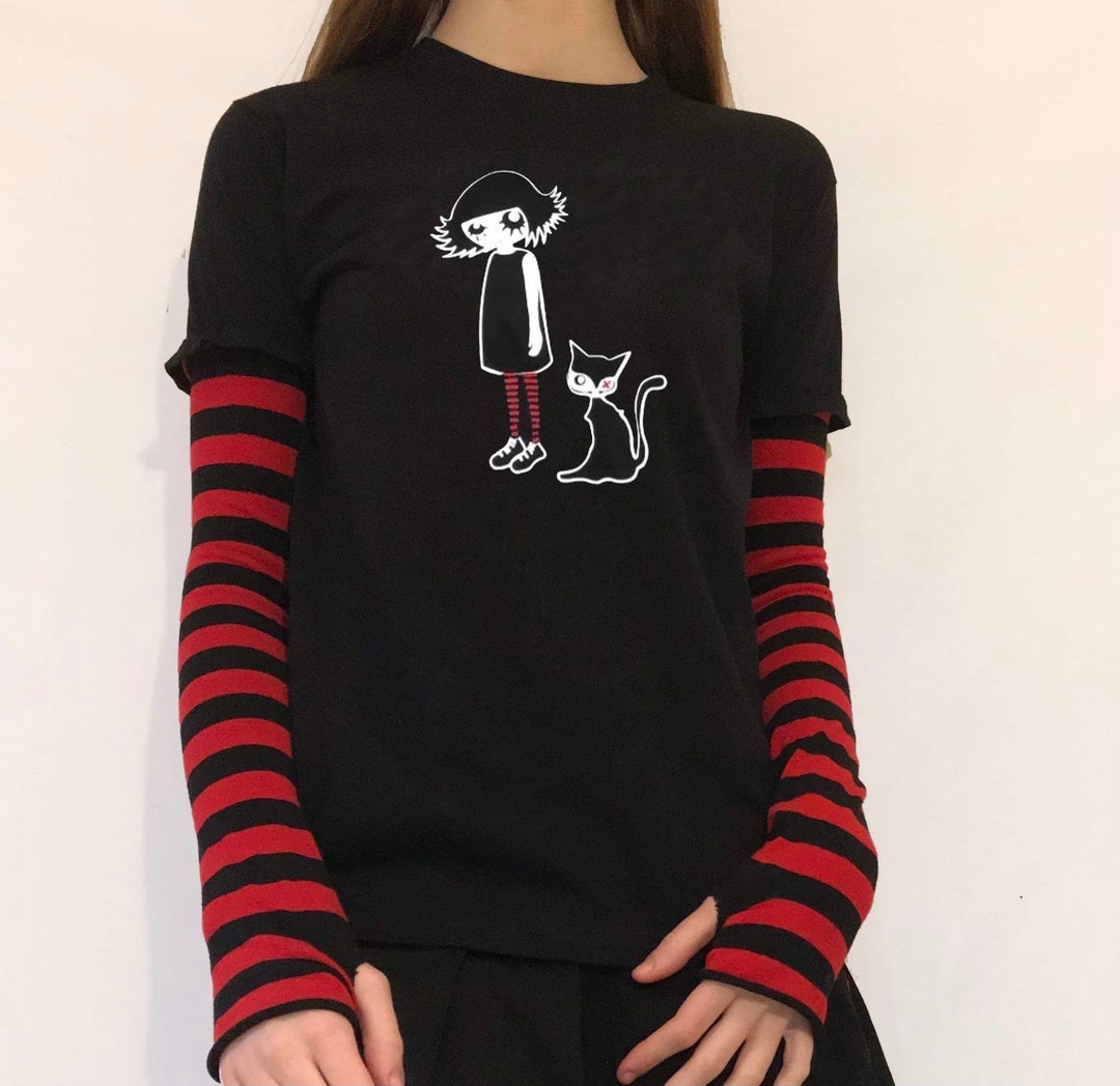 Gothic Girl With Cat Red & Black Stripe Long Sleeved T-shirt Tee Top - Etsy