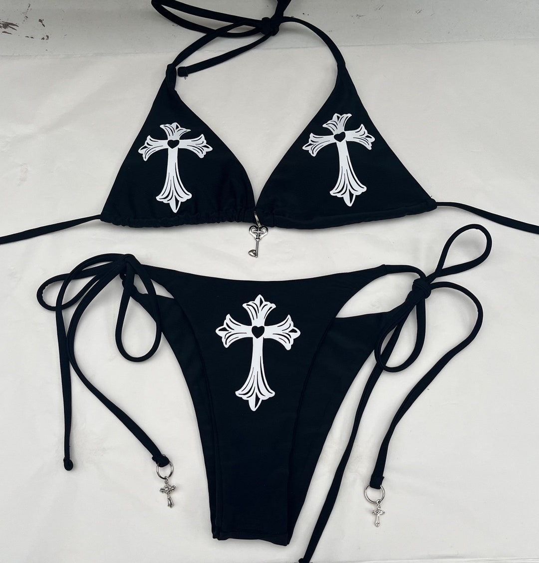 Black Gothic White Cross Heart String Bikini With Padding - Etsy