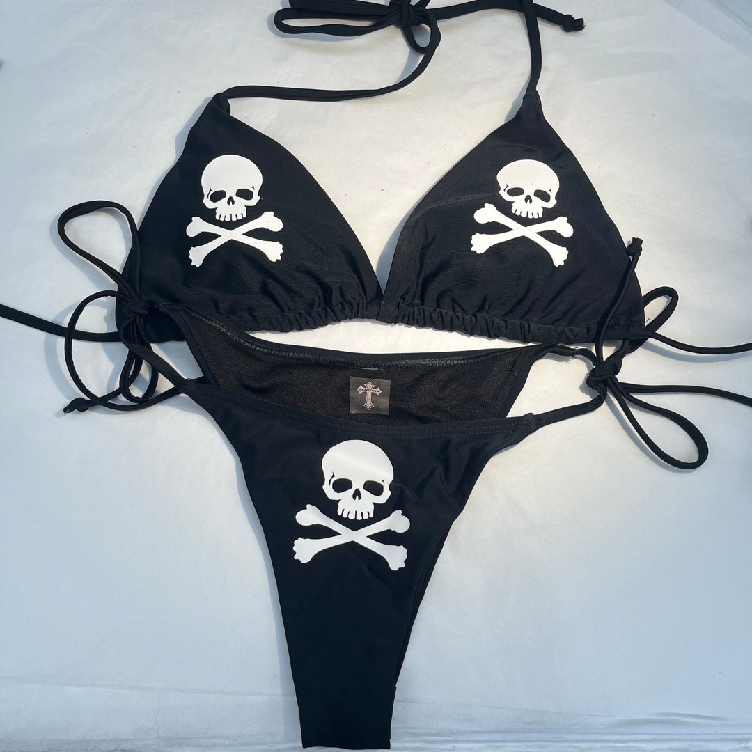 White Skulls Black Bikini Halter Tie String Grunge Swimsuit - Etsy