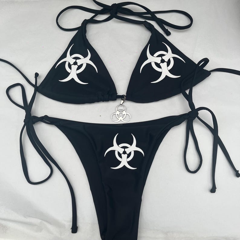 Rave Biohazard Warning Symbol Black Halter Neck Bikini Tie String Set ...