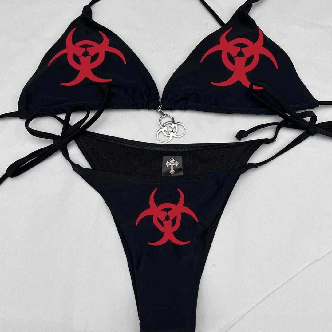 Red Biohazard Warning Symbol Black Halter Neck Bikini Tie String Set ...