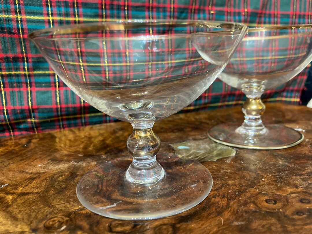 Vintage Gold Rimmed Champagne Coupe Cups Set of 2, Pressed Glass ...