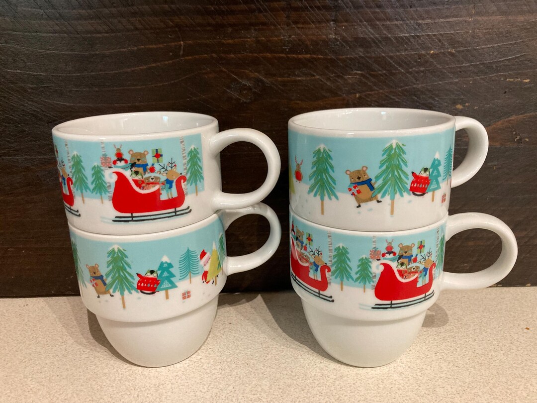 Rudolph Red Nosed Reindeer Santa Christmas Cups Stackable Mugs Set of 4 ...
