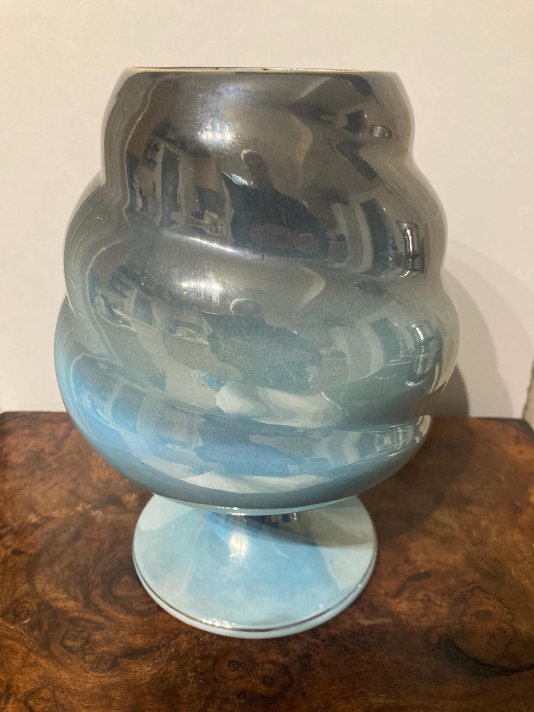 Maling Lustreware Spiral Effect Blue Pedestal,mantle Vase, Two Tone V ...