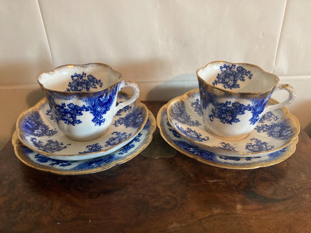 2 Victorian Antique Flow Blue Tea Cup Trios Vintage Gilt Scalloped ...