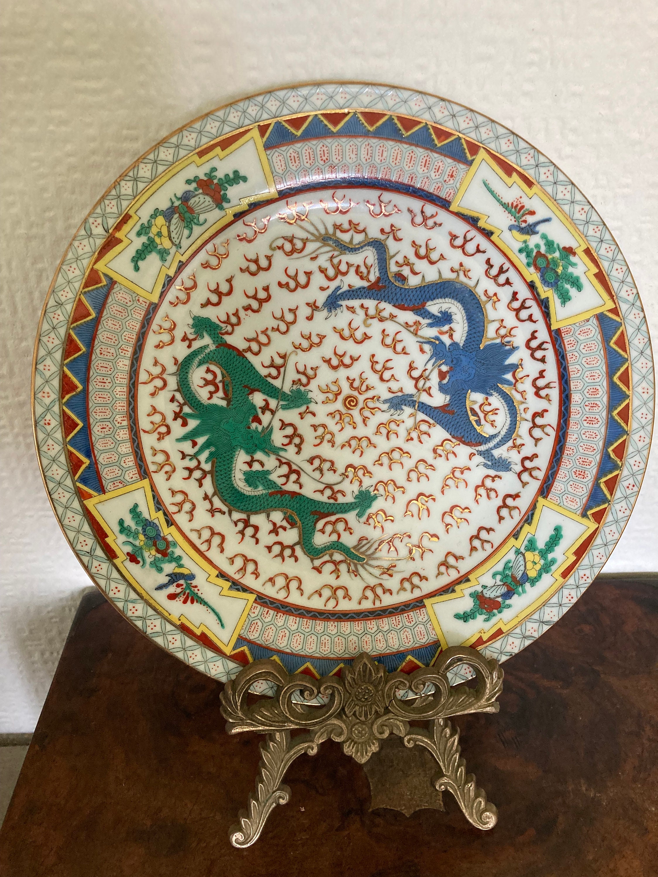 Chinese Double Dragon Plate Hand Painted Flaming Pearl Red Seal Gilding ...