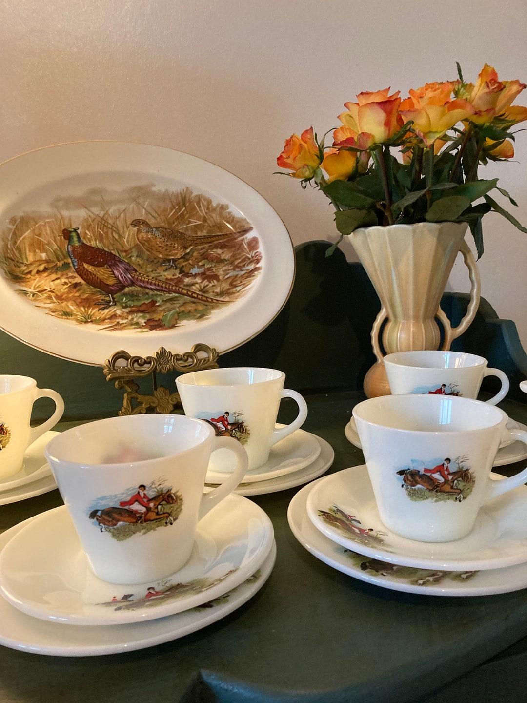 Tea Set 6 JAJ Pyrex Tally Ho Fox Hunting Cups and Saucers Set, Side ...
