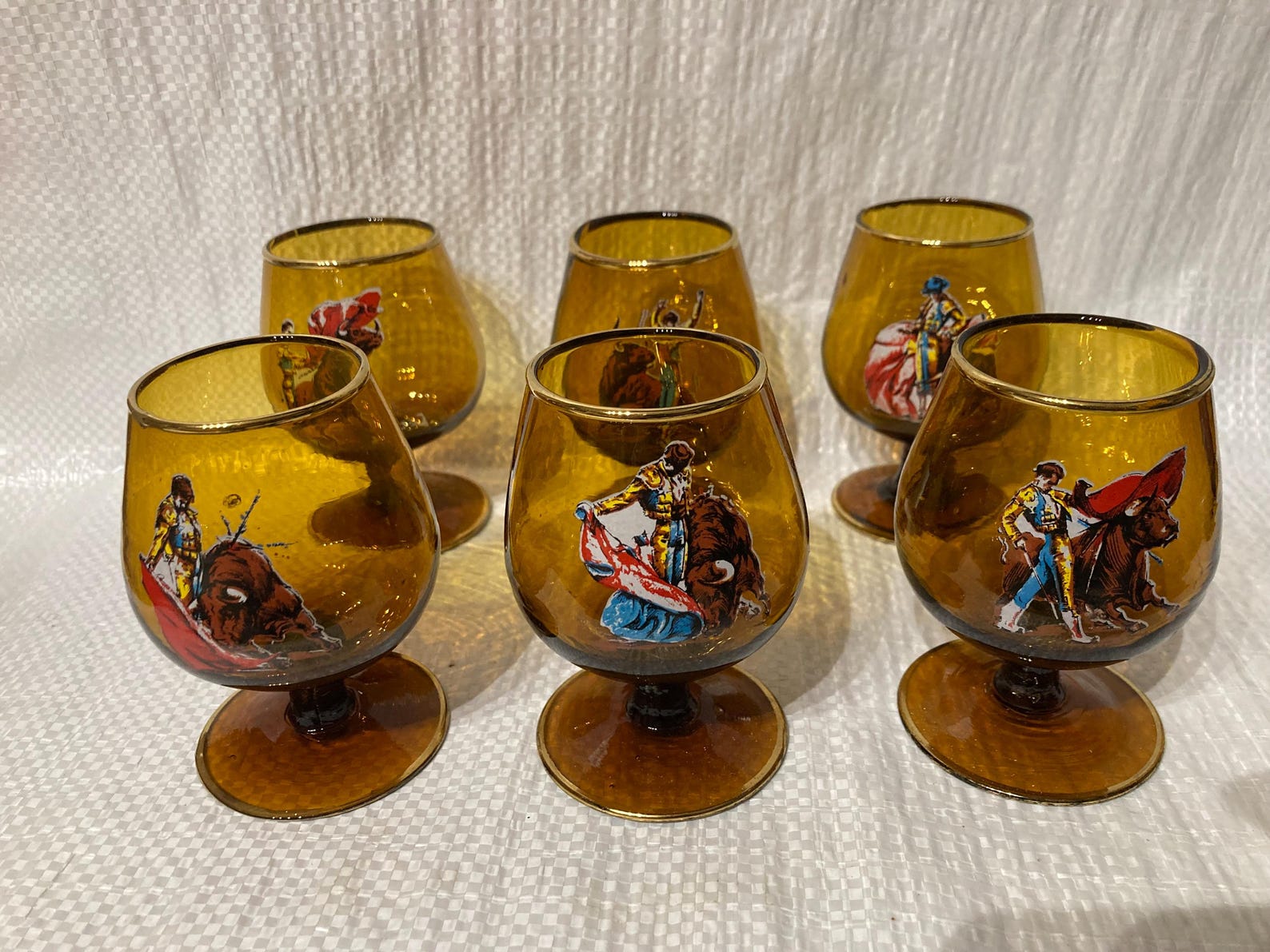 Set of Six Miniature Brandy Glasses in Amber Glass With Clear Stems ...